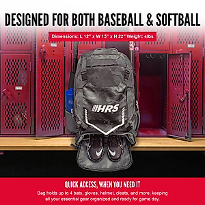 Hit Run Steal Gray Camo Baseball Bag, Softball Bat Bag. Holds 4 Bats, Glove, Bottle, Shoe Compartment, Helmet, Fence Hook for Equipment & Gear