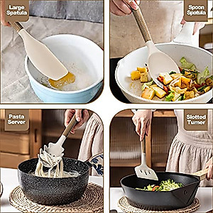 Silicone Kitchen Cooking Utensil Set, 9Pcs Kitchen Utensils Spatula Set with Wooden Handle for Nonstick Cookware, 446°F Heat Resistant Silicone Kitchen Gadgets Utensil Set with Large Holder（Khaki）