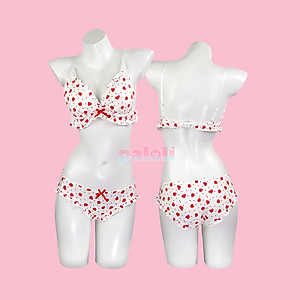 Paloli Women’s Cute Wirefree Lingerie Set, Strawberry Bikini Set Ruffle Trim Bra And Panty - 100% Cotton