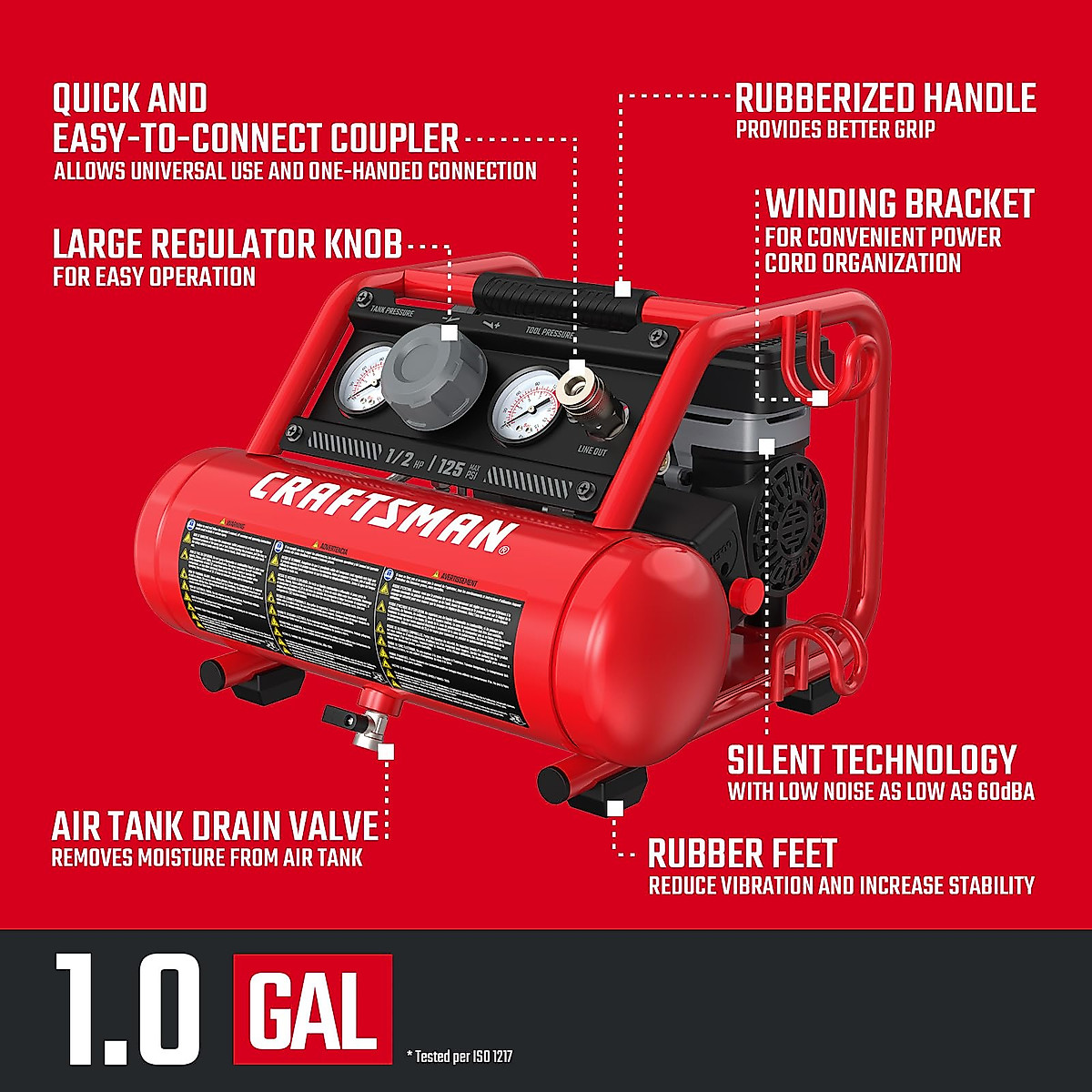 1 Gallon Ultra Quiet Air Compressor, CRAFTSMAN, Oil-Free 1/2 HP Max 125 PSI Horizontal Portable Air Compressor for Car Tires, Nail Gun and Pneumatic Tools