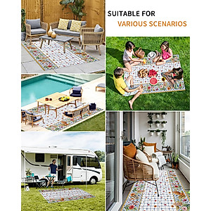 Outdoor Rug Waterproof Mat 4' x 6' for Patio, Summer Fall Ceramic Tile Floral Outside Indoor Non-Slip Front Door Mat RV Camping Carpet Area Rug for Balcony Picnic Beach Deck