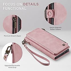 Defencase Samsung Galaxy S22 Plus/ S22+ Case, Samsung S22 Plus Wallet Case for Women Men, PU Leather Magnetic Flip Strap Wristlet Zipper Card Holder Phone Case for Galaxy S22 Plus/ S22+ 5G, Rose Pink