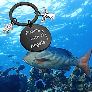 POTIY In Memory of Dad Keepsake Fishing with Angels Keychain Dad Grandfather Memorial Keychain RIP Gift Loss of Brother Gift (Black Keychain)