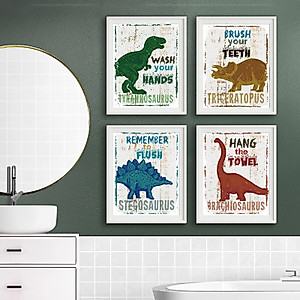 Dinosaur Room Decor for Boys Posters, Dinosaur Wall Decor Prints, Motivational Quote Room Decor, Dinosaur Photo Pictures for Kids Boys Nursery Bedroom Decorations(4 Pcs 8” X10”) (Bathroom)