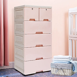 WOQLIBE Dresser Drawer Organizers,Plastic Dresser with 6 Drawers, Tall Lockable Storage Cabinet with Wheel, Dresser Drawer Organizers for Baby Clothing/Bedroom/Playing Room,19.7x13.8x40 in