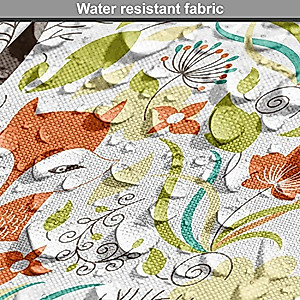 Ambesonne Cartoon Fabric by The Yard, Wild Fox Wolf with Leaves Flowers and Leafless Trees Print, Decorative Fabric for Upholstery and Home Accents, 1 Yard, Orange Green and Blue