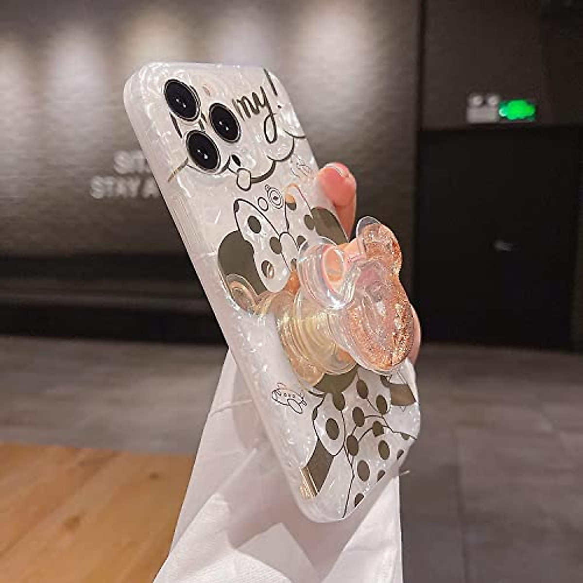 DEAVON Cute Case for iPhone 13 Pro Max,Cute Golden Minnie Sparkle Bling Cover with Quicksand Cell Phone Holder,Kickstand Soft TPU Shockproof Protective for Women Girls