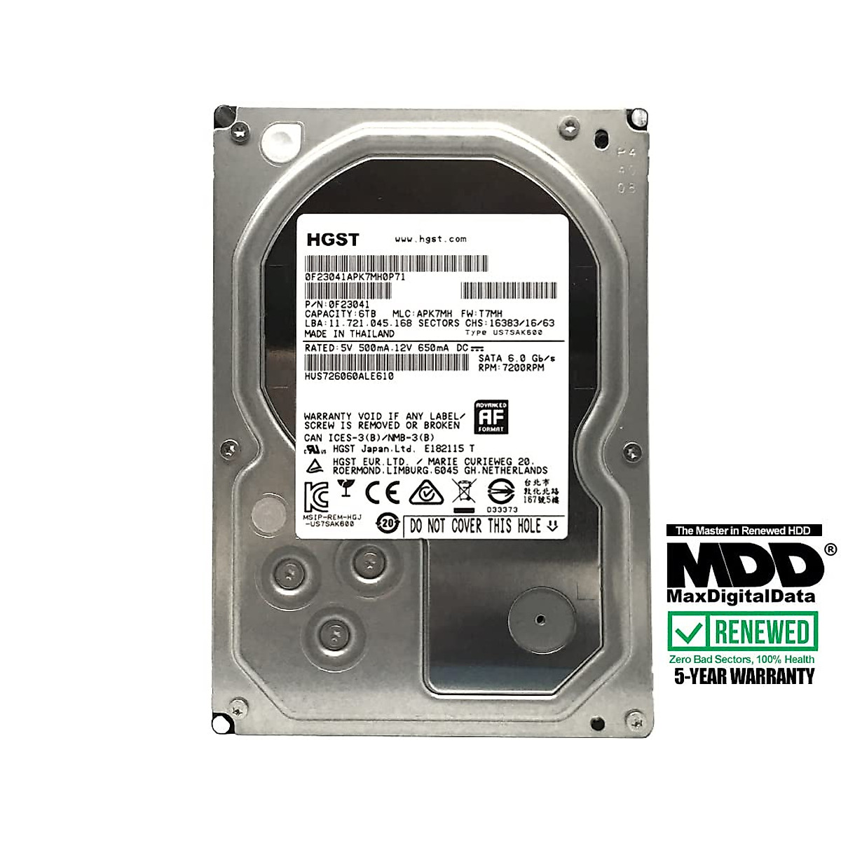 MDD - HGST Ultrastar (HUS726060ALE610) 6TB 7200RPM 128MB Cache SATA 6Gb/s 3.5-inch Enterprise Hard Drive (for NAS, Desktop PC, Surveillance Storage) - 5 Year Warranty (Renewed)