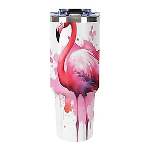 YTLKGFP 40 Oz Large Capacity Car Cup Flamingo Watercolor Tumbler with Handle (Black) Straw Lid Insulated Stainless Steel Water Bottle Travel Mug Leak-proof Car Cup Keeps Cold Or Hot