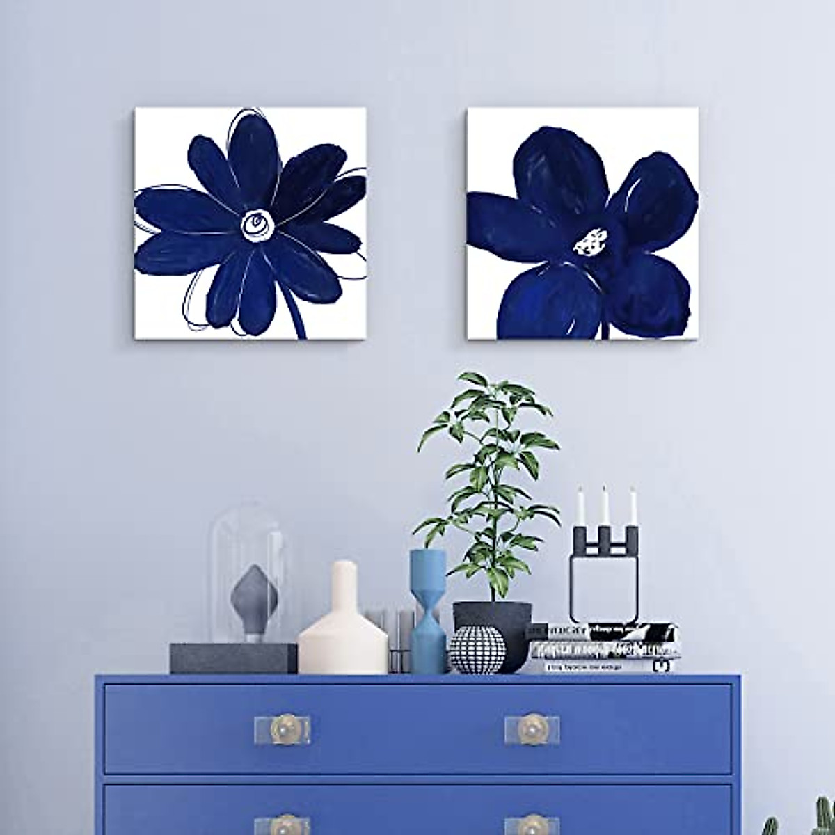 Creoate Navy Blue Wall Art for Bathroom Decor, 2 Pieces Abstract Flower Painting Canvas Print Artwork Framed Set Blue and white Wall Decor for Bedroom…