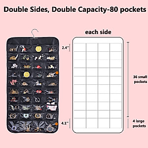 Bloss Hanging Jewelry Organizer With 80 Pockets Double-Size Hanging Jewelry Holder For Jewelry Earring Storage-Black