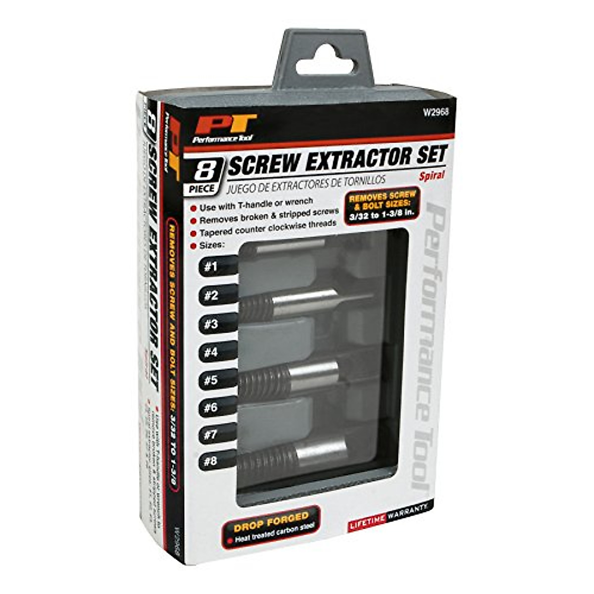 Performance Tool W2968 - 8-Piece Spiral Screw Extractor Set with Tapered Counter-Clockwise Threads and Blow Mold Storage Case
