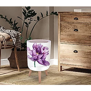 Round Trash Can with Lid Lilac Flower an Isolated White Watercolor Illustrations Purple Tulips Press Top Recycle Bin Small Garbage Can Dog Proof Wastebasket Wooden Legs Bathroom Kitchen 7L/1.8 Gallon