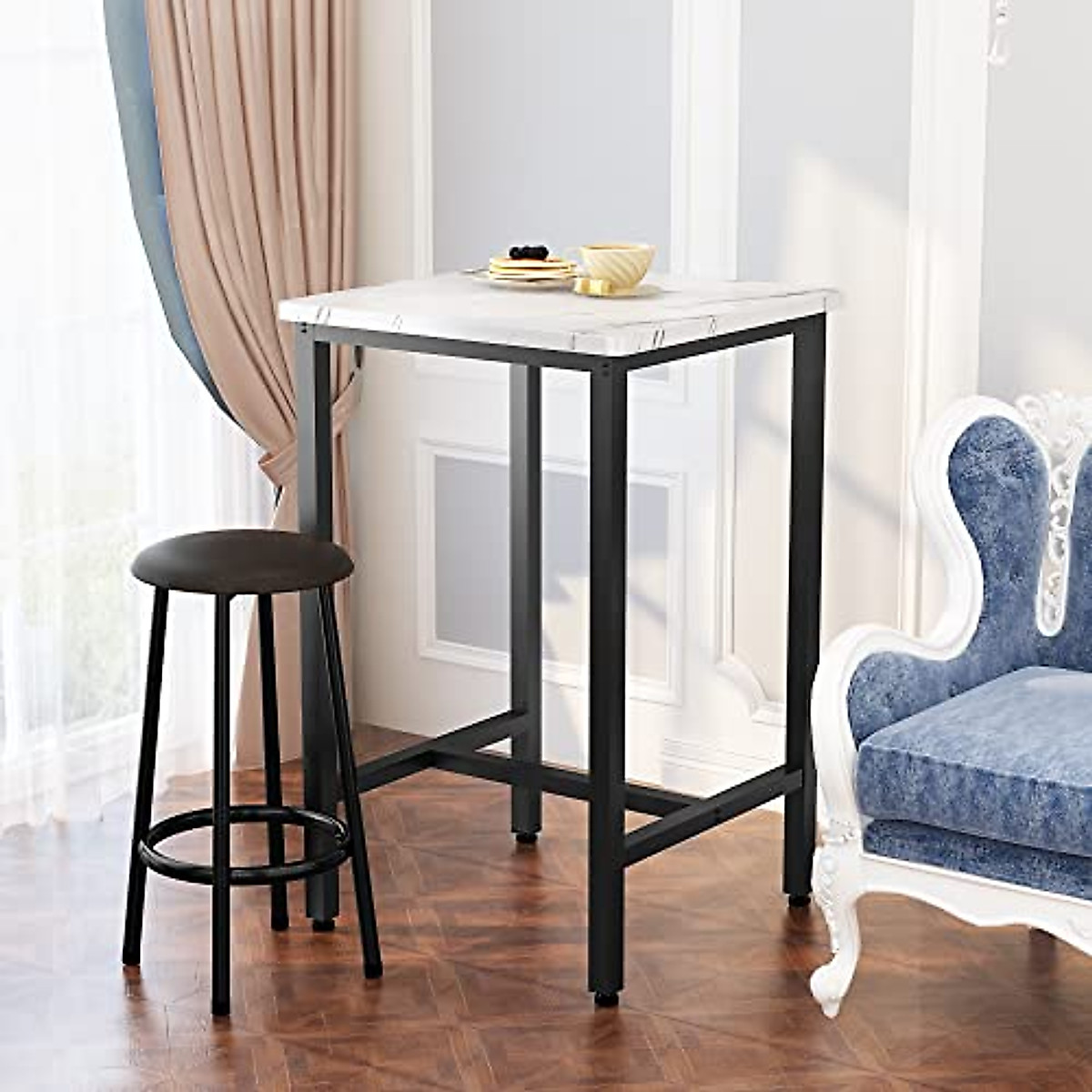 AWQM 3-Piece Dining Table and Chairs Set for Small Space, Bar Set with 1 Square Table and 2 Round Stools, Coffee Table Set for 2, Breakfast Table with Footrest and for Home & Kitchen (White)