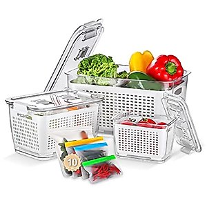 Fruit Storage Containers for Fridge, 3 Pack Produce Saver Containers 10 Pack BPA FREE Reusable Freezer Bags, Vegetable Fruit Container Storage Reusable Lunch Bag for Meat Fruit