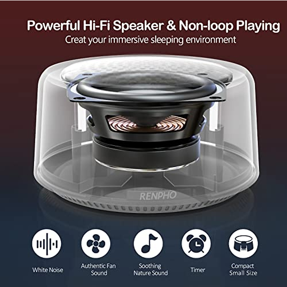 White Noise Machine, Sleep Sound Machine for Baby Sleeping, RENPHO 36 HiFi Memory Function Non-Looping Soothing Sound Sleep Therapy for Home, Office, Travel, Baby, Kids, and Adults (White)