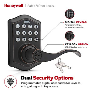 Honeywell Safes & Door Locks - Keyless Entry Lever Door Lock Handle with Electronic Keypad - Easy to Install Front Door Lock with 50 User Pin Codes - Oil Rubed Bronze, 6.5 x 8.8 x 9 in - 8734401