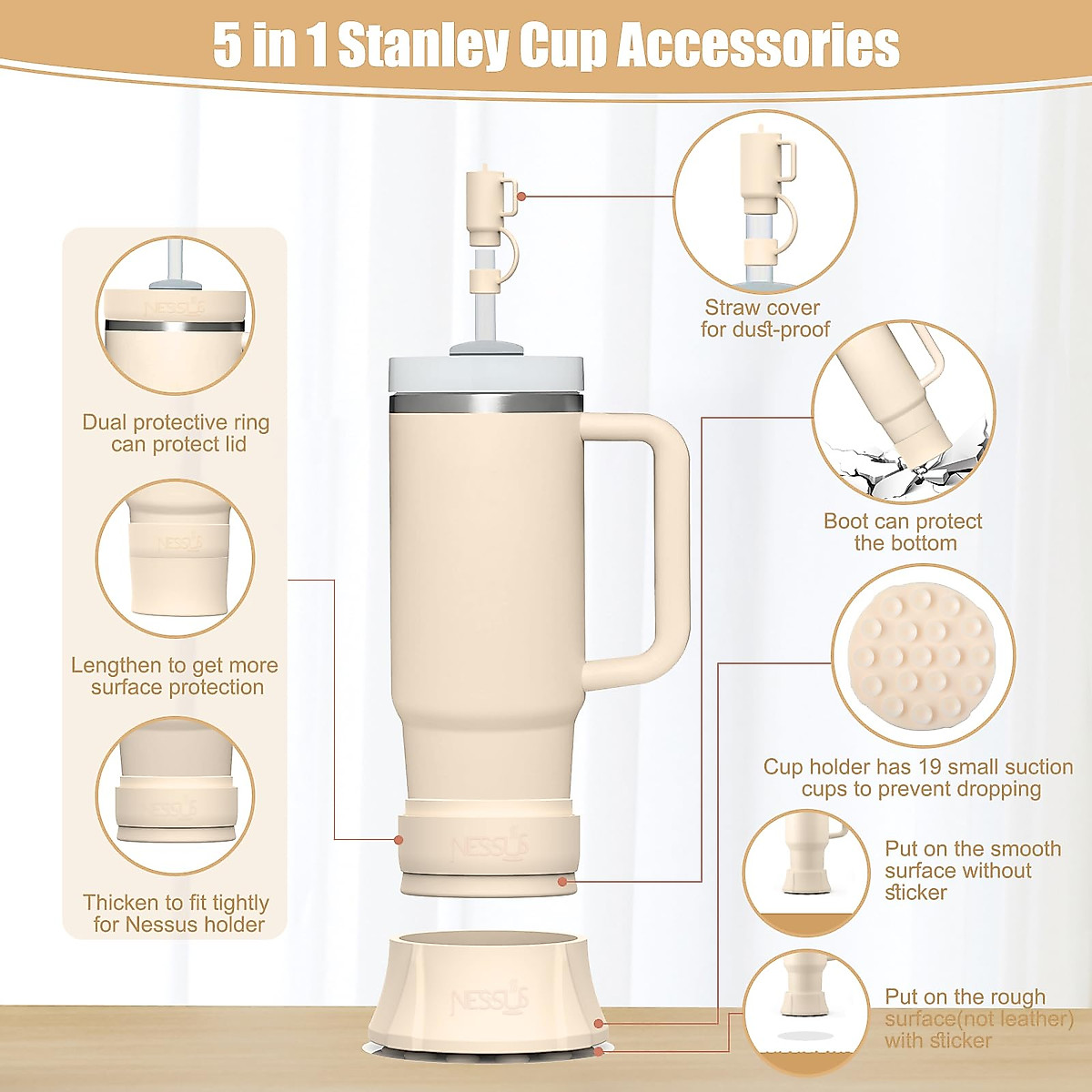NESSUS 5Pcs Stanley Cup Accessories, Silicone Boot Sleeve with Bottom Holder Protector, Straw Cover, Dual Protective Ring and Sticker, Compatible with Stanley Quencher 40oz 30oz(Tumbler Not Included)