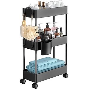 Pipishell Slim Storage Cart with Wheels, Bathroom Cart Organizer Bathroom Storage Small, Rolling Cart for Bathroom, Laundry Room, Kitchen, Narrow Space, Black PIUC04