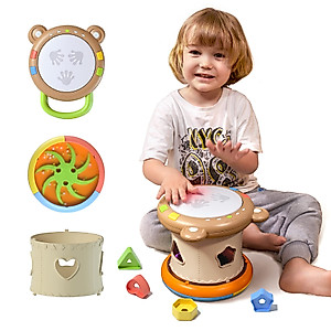 TUMAMA Baby Drum 3 in1, Baby Light Up Toys with Sounds, Musical Toys for Toddlers 1-3, Baby Musical Toys for Girls Boys, Brown Kids Drum