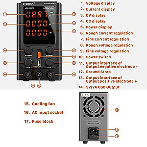 Eventek DC Power Supply Variable, 120V 3A Adjustable Switching Regulated DC Bench Linear Power Supply with 4-Digits LED Power Display 5V2A USB Output, Alligator Leads US Power Cord for Laboratory