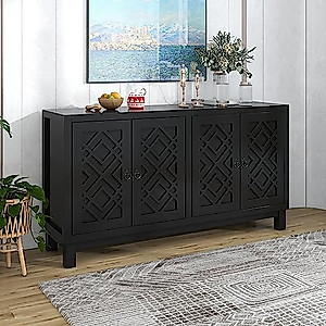Wood Storage Cabinet, Large Storage Space Sideboard, 4 Door Buffet Cabinet with Pull Ring Handles for Living Room, Dining Room, Easy Assembly (Black)