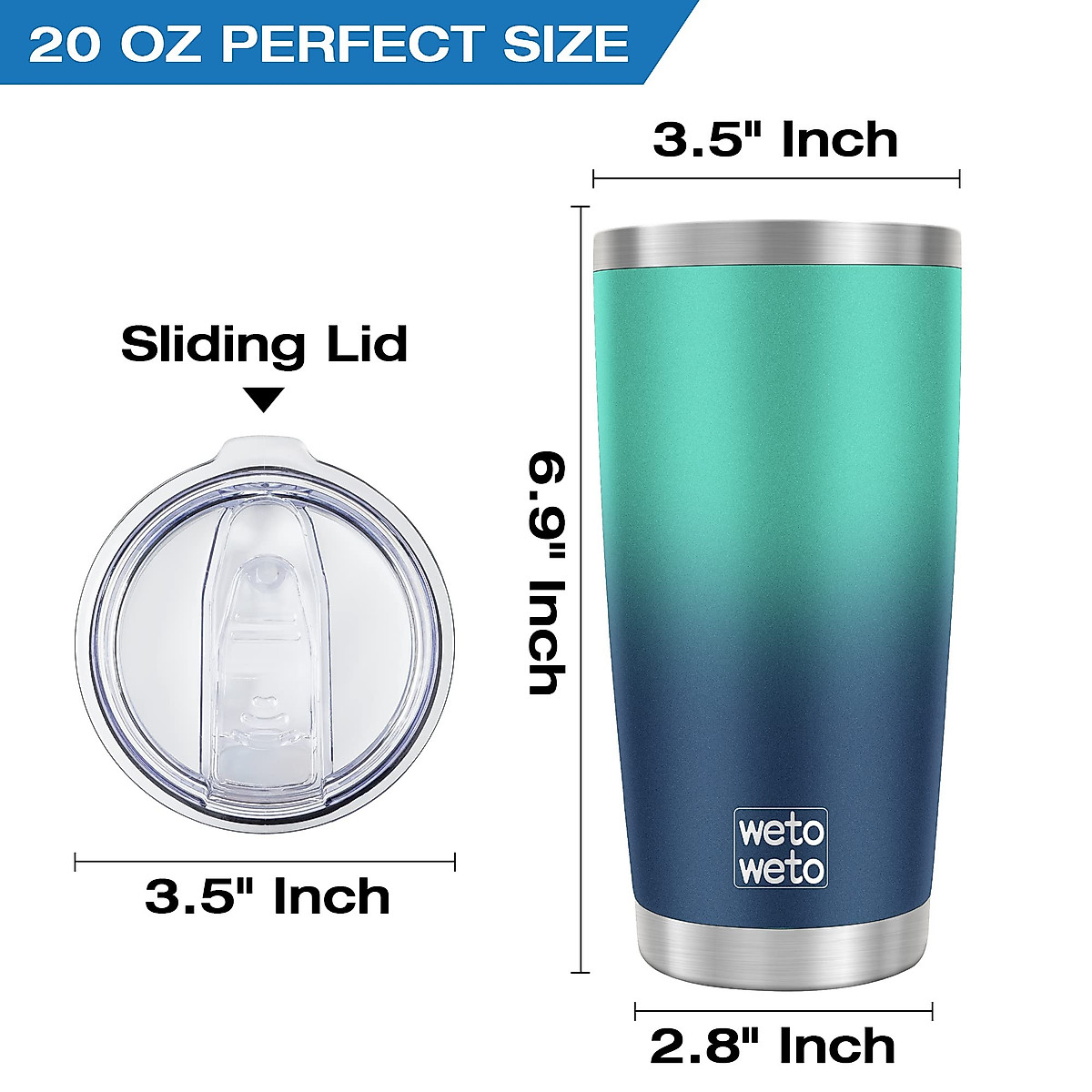 WETOWETO 20oz Insulated Stainless Steel Tumbler, Coffee Tumbler, Double Wall Vacuum Travel Coffee Mug, Powder Coated Leak-Proof Tumbler Cup for Home Office Travel (Green-Blue Gradient,1 Pack)
