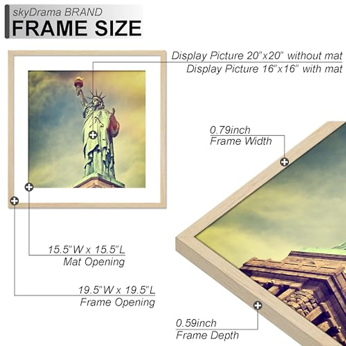 skyDrama Solid Wood 20x20 Picture Frame Oak, Display 16x16 Photo without Mat or 20x20 Poster with Mat, Light Weight High Transparent Wooden 20by20 Frame for Wall - 20"x20"/Oak/1Pack