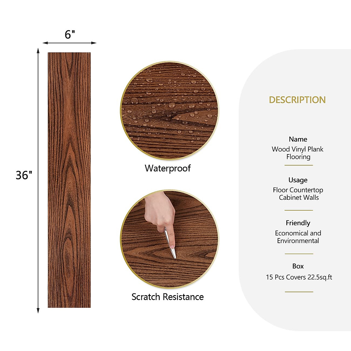 YENHOME 15 Tiles Walnut Wood Vinyl Flooring Peel and Stick Floor Tile Sticker Wood Wall Panels for Walls Peel and Stick Flooring Tiles for Bathroom Kitchen Waterproof Laminate Flooring 36" X 6"