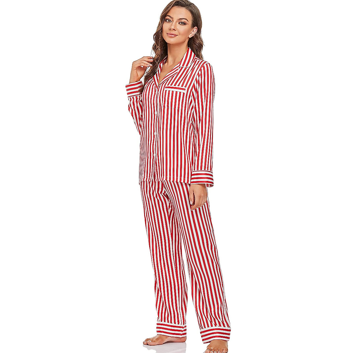 Serenedelicacy Women's Satin Pajama Set Long Sleeve Button Down Sleepwear 2-Piece Striped Silky Pj Set (Medium, Red, Striped)