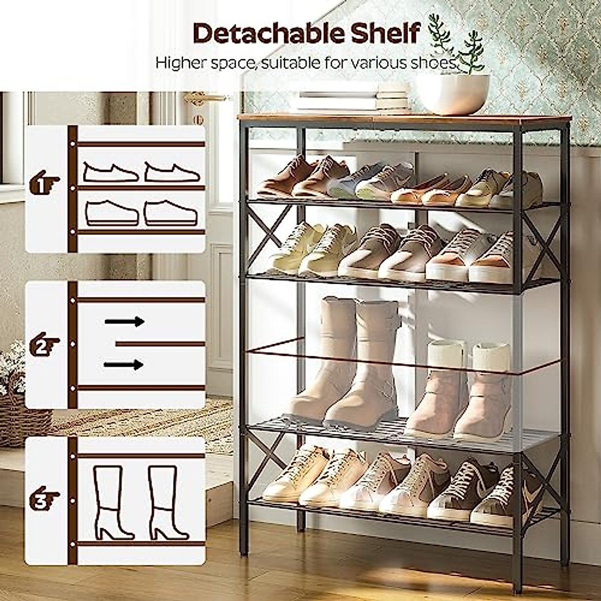 YATINEY 6 Tier Shoe Rack, Shoe Storage Organizer, Holds 24 Pairs of Shoes, Shoe Organizer for Closet, Iron Frame, Durable and Stable, Rustic Brown and Black SS06BR