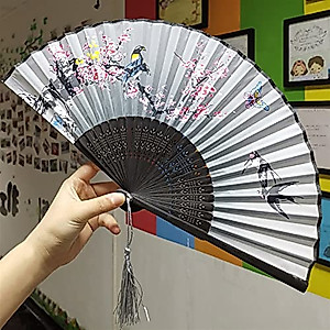 PHONME Multipurpose Vintage Folding Fan Chinese Style Cloth Bamboo Floral Printed Fan with Tassel Dance Performance Party Hand Fan Decor Craft for Decoration Vintage style (Color : D)