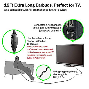 C G CHANGEEK Extra Long Cord Headphones for TV & PC with Volume Control, 18 Feet / 5.5M Extension Spring Coiled Cord, Universal 3.5mm AUX Audio, Wired Over Ear Stereo Headset, CGS-W6