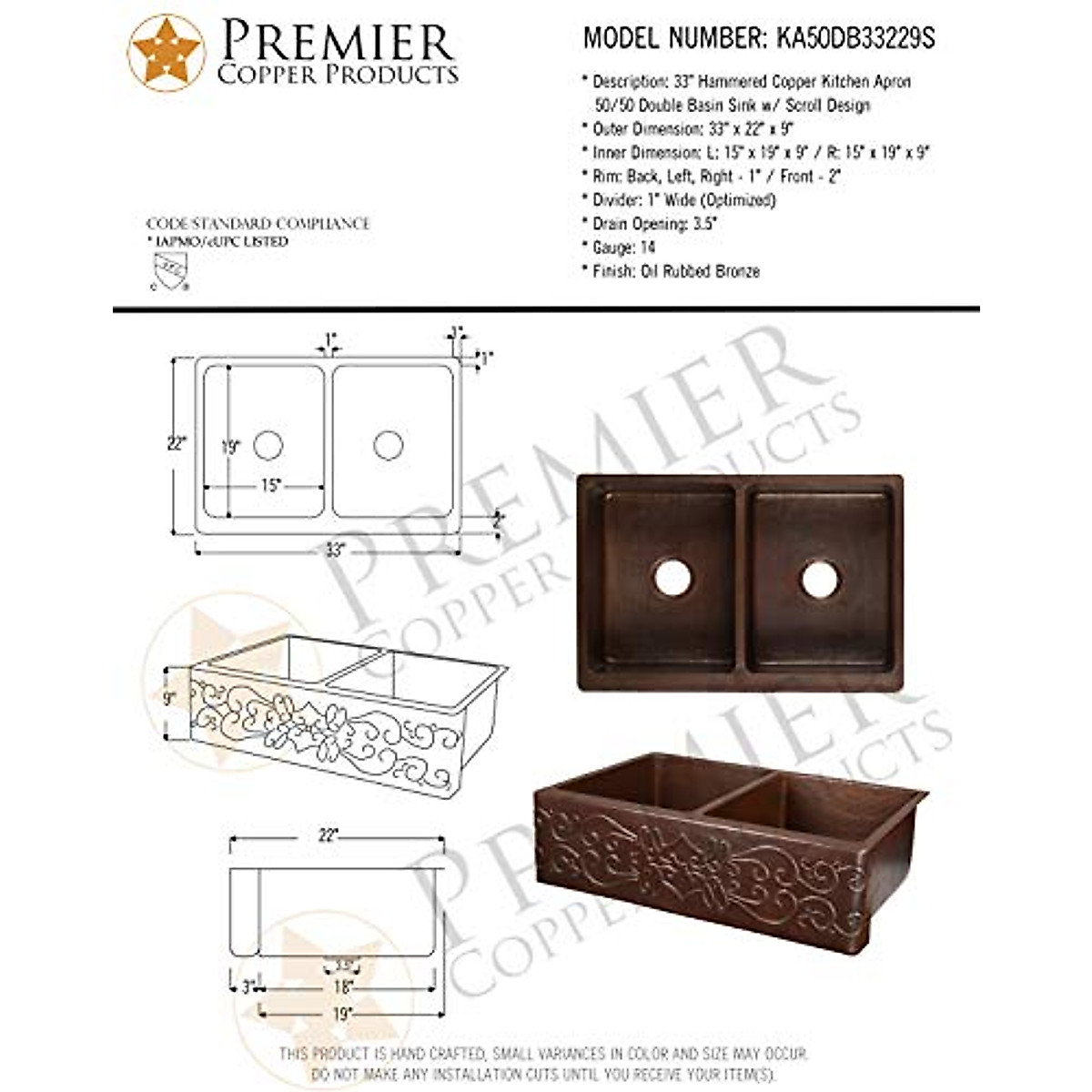 Premier Copper Products KA50DB33229S 33-Inch Hammered Copper Kitchen Apron 50/50 Double Basin Sink with Scroll Design, Oil Rubbed Bronze