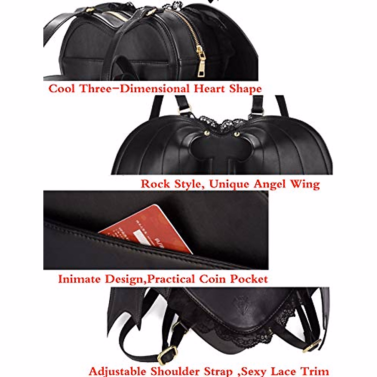 Women Girl Punk Backpack Novelty Bat Wing Daypack Purse Gothic Lace Shoulder Bag Heart Lolita Bag