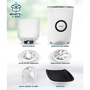 Rosewill Automatic Pet Feeder Food Dispenser for Cat or Dog, Up to 6.5 lbs of Dry Food with Alarm, Portion Control & Voice Recorder, Programmable, USB & Battery Powered, White - (RPPF-21001)