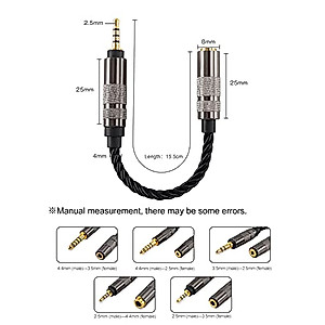 Headphone Adapter 2.5mm Male to 4.4mm Female Adapter for 4.4mm Cable Connected to Balanced 2.5mm Player Device High Stereo Audio Converter OFC Cable with Gold-Plated Plug 6 inch Length Extension Cord