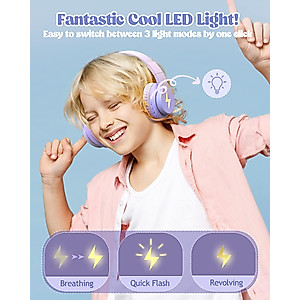 Kids Bluetooth Headphones, Colorful Wireless Over Ear Headset with LED Lights, Built-in Mic, 45H Playtime, 85dB/94dB Volume Limited Headphones for Boys Girls iPad Tablet School Airplane Pink Purple