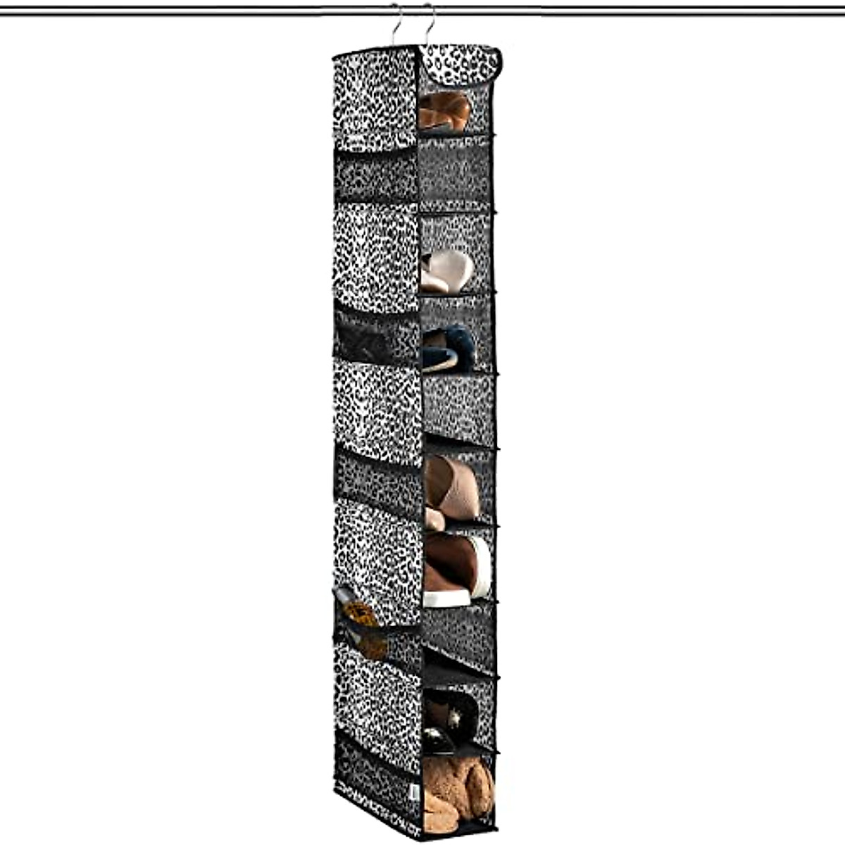 CLOZZERS 10 Shelf Hanging Shoe Organizer for Closet, with 10 Mesh side pockets for Accessories - Animal Print, Black