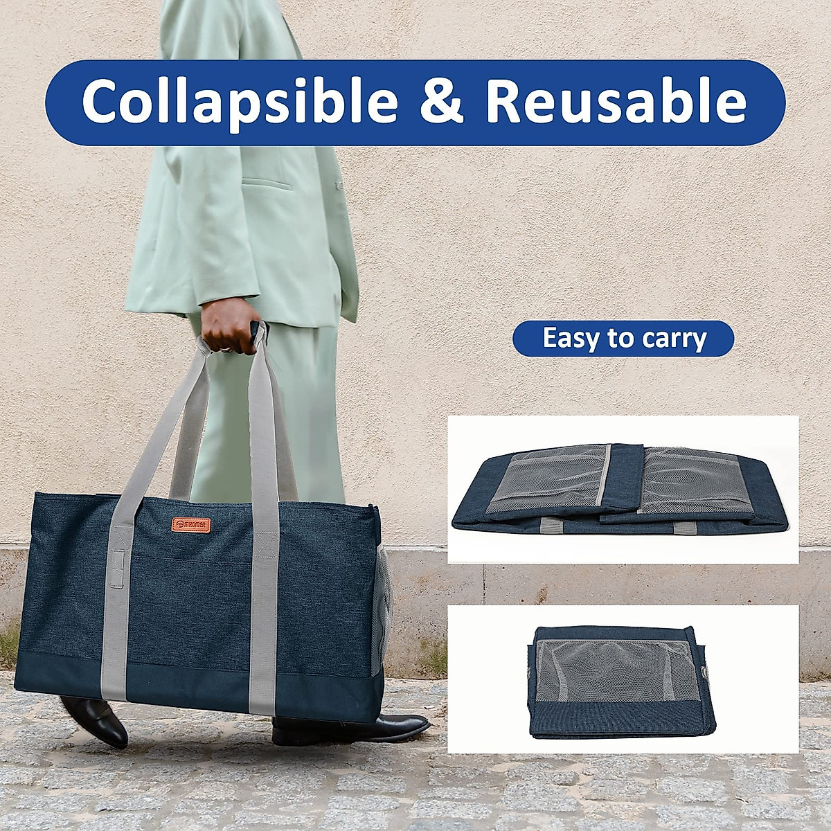 MHOMER Reusable Grocery Bags Extra Waterproof Large Utility Tote Bag with Carrying Handles Foldable Shopping Bags for Storage Space Saving Reinforced Bottom Durable Oxford Fabric Blue