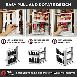 Cabinet Caddy (White) | Pull-and-Rotate Spice Rack Organizer | 2 Double-Decker Shelves | Modular Design | Non-Skid Base | Stores Prescriptions, Essential Oils | 10.8"H x 5.75"W x 10.8"D