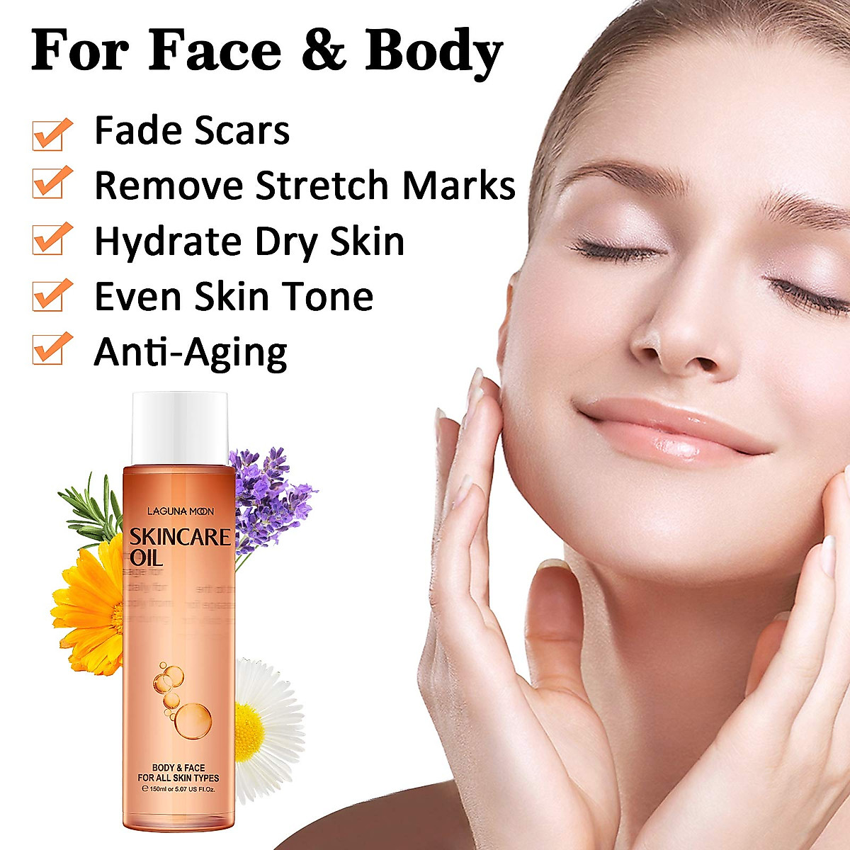 Lagunamoon Skincare Oil for Body & Face & Nails, Used for Scars, Stretch Marks, Natural Ingredients. Vitamin E Oil, Non-Greasy, Fast-Absorption, for All Skin Tpyes, 5.07Oz