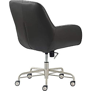 Tommy Hilfiger Forester Luxury Bonded Leather Home Office Chair, Modern Round Swivel Accent Seating with Arms, Adjustable Height and Recline, Charcoal Grey