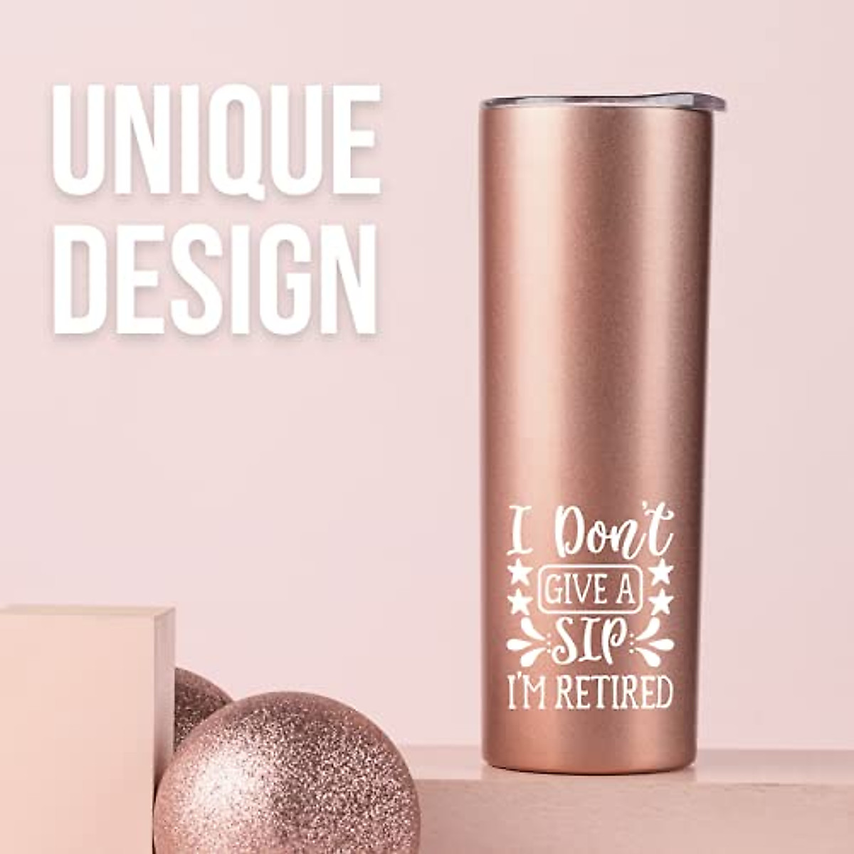 Onebttl Retirement Gifts for Women, Funny Retirement Tumbler 20oz Stainless Steel, Retirement Gifts for Coworkers, Grandma, Friends, Nurse, Retired Gifts - Rose Gold (I Don't Give a Sip I'm Retired)