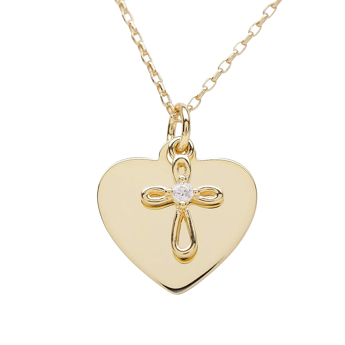 Personalized 14K Gold-Plated Heart with Cross Charm Necklace with Engraving, First Communion Gift for Girls, Custom Engraved Confirmation Gift for Teens, Women (16-18 inch-adjustable)
