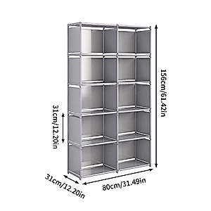 JIUYOTREE 6-Tiers Portable Bookshelf with Fabric Cloth at Back, 10 Cube Closet Storage Organizer Bookcase, Living Room,Study Room,Bedroom, Grey