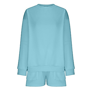 coupons and promo codes for prime Women Loungewear Workout Athletic Tracksuits Long Sleeve Tops Sweatshirt Shorts Casual Suit Sets womens sleep set Light Blue 2X