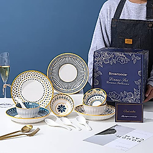 Binvertaocier 12-Piece Porcelain 27 Oz Plates and Bowls Sets for 4 with Spoons,Ceramic Dinnerware Set of 4,8 Inch Pasta Bowls Set for 4,Salad Plates,Pasta Plates Dinner Bowls,Gifts for Housewarming