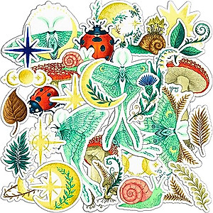 34 PCS Cute Sticker Pack Luna Mushrooms Vinyl Set for Bicycle Waterproof for Luggage Ladybug Cute Fern for Skateboard for Planner Butterfly Decals for Water Bottles for Notebook Moth