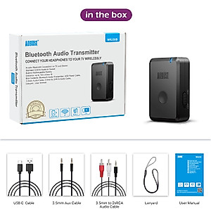 August MR250 - Bluetooth Wireless Transmitter - Audio Adapter for TV to Bluetooth Headphone - Stream Music from 3.5mm Audio Out to Bluetooth Headphones, Speakers and Receivers - Black